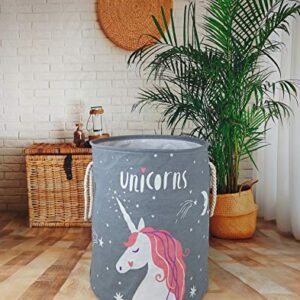 VAIVUSTO Round Laundry Basket Waterproof Canvas Large Clothes Basket Laundry Hamper with Rope Handles Cute Cartoon Kids Nursery Hamper for Kids Room Toy Storage Girls Room Decor (Gray Unicorn)