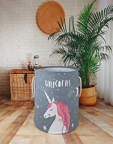 VAIVUSTO Round Laundry Basket Waterproof Canvas Large Clothes Basket Laundry Hamper with Rope Handles Cute Cartoon Kids Nursery Hamper for Kids Room Toy Storage Girls Room Decor (Gray Unicorn)