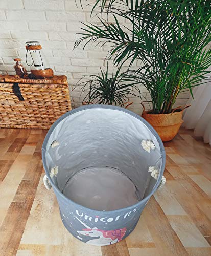 VAIVUSTO Round Laundry Basket Waterproof Canvas Large Clothes Basket Laundry Hamper with Rope Handles Cute Cartoon Kids Nursery Hamper for Kids Room Toy Storage Girls Room Decor (Gray Unicorn)