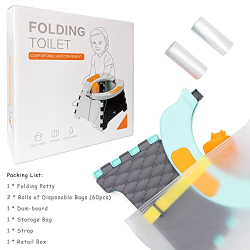 Toddler Portable Potty Training Seat for Kids Baby Foldable Toilet Child Travel Potty in Car Camping Potty Chair Seat for Indoor Outdoor, with 60 Disposable Bags