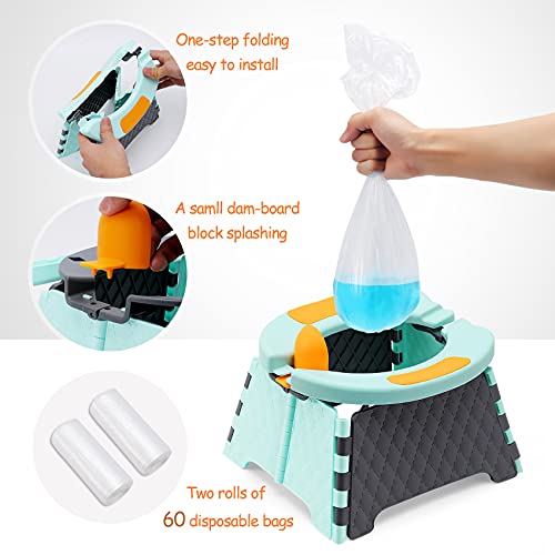 Toddler Portable Potty Training Seat for Kids Baby Foldable Toilet Child Travel Potty in Car Camping Potty Chair Seat for Indoor Outdoor, with 60 Disposable Bags