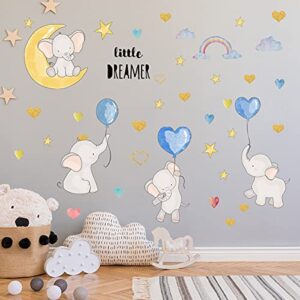 colorful balloon flying animals wall decals, cute elephant love hearts and stars wall stickers, dilibra removable peel and stick cartoon neutral vinyl wall decor for kids nursery bedroom living room