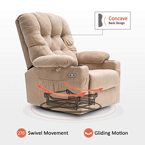 MCombo Electric Power Swivel Glider Rocker Recliner Chair with Cup Holders for Nursery, Hand Remote Control, USB Ports, 2 Side & Front Pockets, Plush Fabric 7797 (Beige)