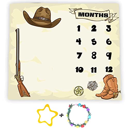 Cowboy Theme Baby Monthly Milestone Blanket, 48x40in Soft Flannel, Gun Boots Hats Nursery Blanket for Newborn Mom Gifts, Baby Shower Age Growth Tracker with Bonus Maker BTZYFS17