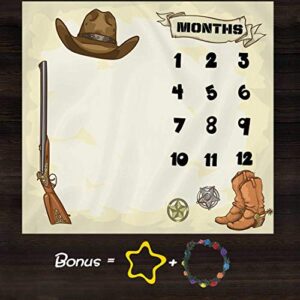 Cowboy Theme Baby Monthly Milestone Blanket, 48x40in Soft Flannel, Gun Boots Hats Nursery Blanket for Newborn Mom Gifts, Baby Shower Age Growth Tracker with Bonus Maker BTZYFS17