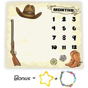 Cowboy Theme Baby Monthly Milestone Blanket, 48x40in Soft Flannel, Gun Boots Hats Nursery Blanket for Newborn Mom Gifts, Baby Shower Age Growth Tracker with Bonus Maker BTZYFS17