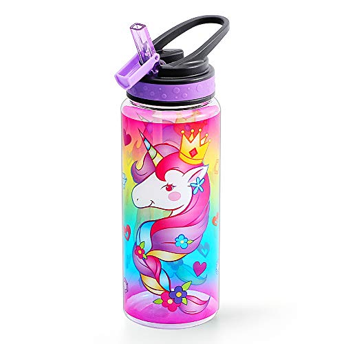 HomTune Cute Water Bottle with Straw for School Kids Girls, BPA FREE Tritan & Leak Proof & Easy Clean & Carry Handle, 23oz/ 680ml - Unicorn