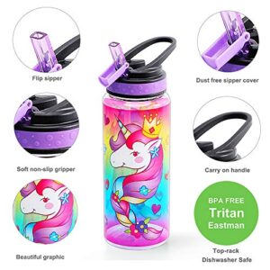 HomTune Cute Water Bottle with Straw for School Kids Girls, BPA FREE Tritan & Leak Proof & Easy Clean & Carry Handle, 23oz/ 680ml - Unicorn