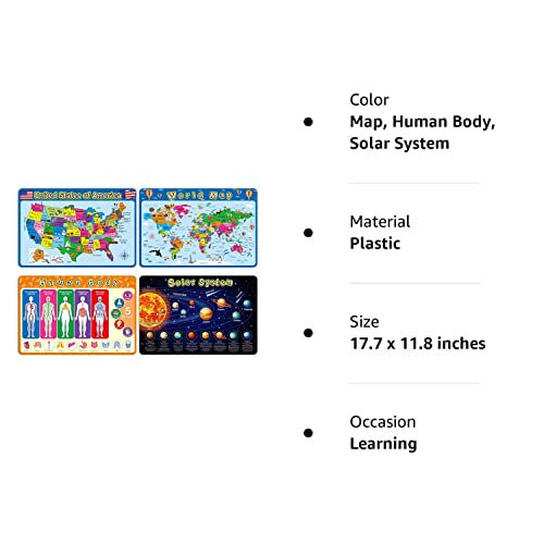 4 Pieces Educational Preschool Placemats for Toddlers and Kids, Non Slip Washable Reusable Learning Placemats for Nursery Homeschool Kindergarten Classroom Supplies (Map, Human Body, Solar System)