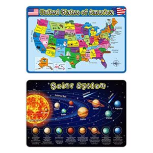 4 Pieces Educational Preschool Placemats for Toddlers and Kids, Non Slip Washable Reusable Learning Placemats for Nursery Homeschool Kindergarten Classroom Supplies (Map, Human Body, Solar System)