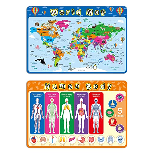 4 Pieces Educational Preschool Placemats for Toddlers and Kids, Non Slip Washable Reusable Learning Placemats for Nursery Homeschool Kindergarten Classroom Supplies (Map, Human Body, Solar System)