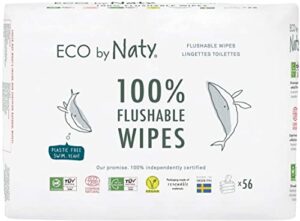 eco by naty flushable baby wipes - compostable and plant-based wipes, chemical-free and hypoallergenic baby wipes safe for baby sensitive skin, 56 wipes per pack (3 pk)