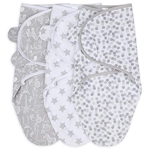 The Peanutshell Baby Swaddle Blankets for Boys or Girls, Grey Safari Animals & Stars, 3 Pack Wrap Set (Small/Medium)