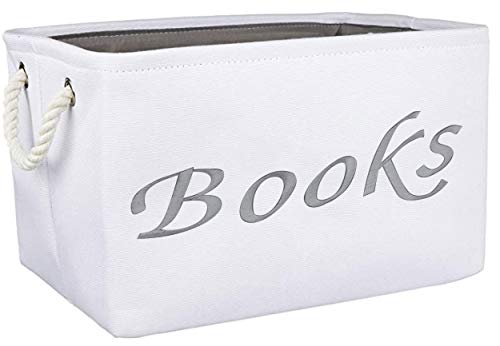 Embroidered Tote Bin - Storage Basket for Nursery - Large Storage Box - Organizing Bedroom, Closet, Classroom (White Book Basket)