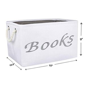 Embroidered Tote Bin - Storage Basket for Nursery - Large Storage Box - Organizing Bedroom, Closet, Classroom (White Book Basket)