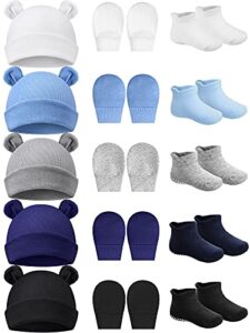 baby ears newborn hats mittens and socks set for boys girls beanie hat 0-6 month (white, black, gray, light blue, navy blue,5 set)