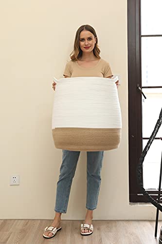 20" x 20" x 20" Extra Large Round Storage Basket, Cotton Rope Storage Baskets, Woven Laundry Hamper, Baby Toy Storage Bin, Toys Clothes Blankets Basket in Living Room, Baby Nursery, White/Jute Bottom