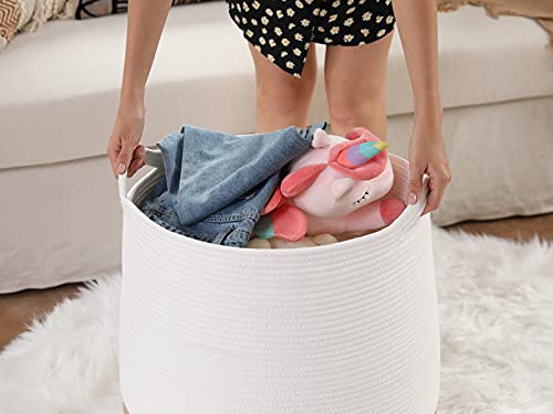 20" x 20" x 20" Extra Large Round Storage Basket, Cotton Rope Storage Baskets, Woven Laundry Hamper, Baby Toy Storage Bin, Toys Clothes Blankets Basket in Living Room, Baby Nursery, White/Jute Bottom