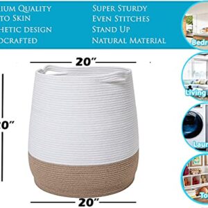 20" x 20" x 20" Extra Large Round Storage Basket, Cotton Rope Storage Baskets, Woven Laundry Hamper, Baby Toy Storage Bin, Toys Clothes Blankets Basket in Living Room, Baby Nursery, White/Jute Bottom