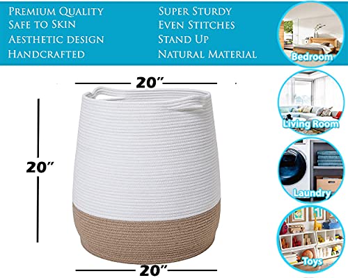 20" x 20" x 20" Extra Large Round Storage Basket, Cotton Rope Storage Baskets, Woven Laundry Hamper, Baby Toy Storage Bin, Toys Clothes Blankets Basket in Living Room, Baby Nursery, White/Jute Bottom