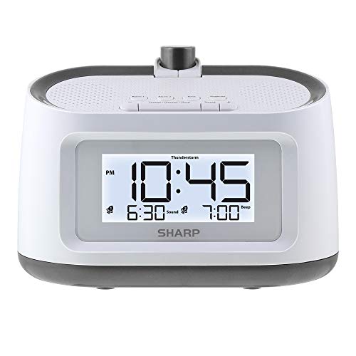 SHARP Projection Alarm Clock with Soothing Nature Sleep Sounds – Easy to Read Projection on Wall or Ceiling – 8 Sleep Sounds to Help Fall Asleep Faster, White Case with Gunmetal Trim