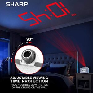 SHARP Projection Alarm Clock with Soothing Nature Sleep Sounds – Easy to Read Projection on Wall or Ceiling – 8 Sleep Sounds to Help Fall Asleep Faster, White Case with Gunmetal Trim