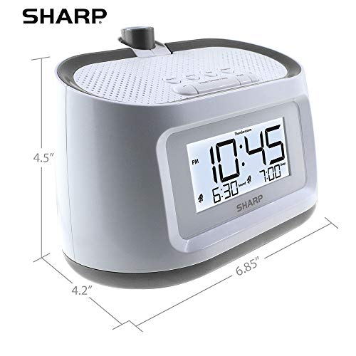 SHARP Projection Alarm Clock with Soothing Nature Sleep Sounds – Easy to Read Projection on Wall or Ceiling – 8 Sleep Sounds to Help Fall Asleep Faster, White Case with Gunmetal Trim