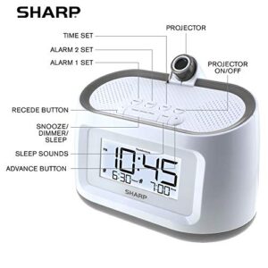 SHARP Projection Alarm Clock with Soothing Nature Sleep Sounds – Easy to Read Projection on Wall or Ceiling – 8 Sleep Sounds to Help Fall Asleep Faster, White Case with Gunmetal Trim