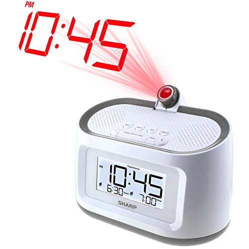 SHARP Projection Alarm Clock with Soothing Nature Sleep Sounds – Easy to Read Projection on Wall or Ceiling – 8 Sleep Sounds to Help Fall Asleep Faster, White Case with Gunmetal Trim