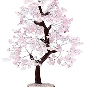 Rose Quartz Gemstone Tree Stone Tree Crystal Tree of Life Prosperity Stones Tree Money Bonsai Tree Feng Shui Tree Handmade Gift for Home Office Decorations Ornament Silver Wire 10-12 Inch