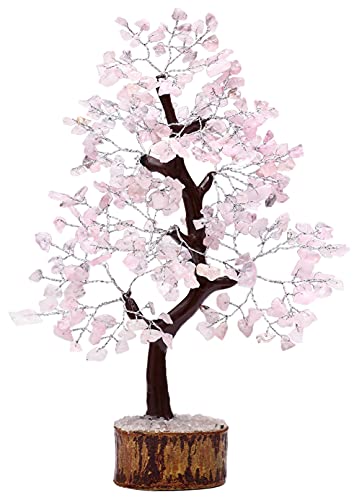 Rose Quartz Gemstone Tree Stone Tree Crystal Tree of Life Prosperity Stones Tree Money Bonsai Tree Feng Shui Tree Handmade Gift for Home Office Decorations Ornament Silver Wire 10-12 Inch