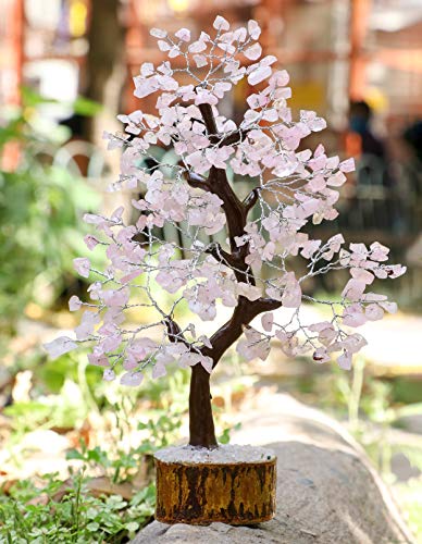 Rose Quartz Gemstone Tree Stone Tree Crystal Tree of Life Prosperity Stones Tree Money Bonsai Tree Feng Shui Tree Handmade Gift for Home Office Decorations Ornament Silver Wire 10-12 Inch