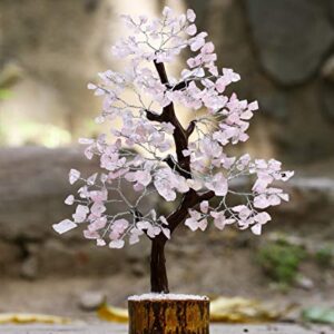 Rose Quartz Gemstone Tree Stone Tree Crystal Tree of Life Prosperity Stones Tree Money Bonsai Tree Feng Shui Tree Handmade Gift for Home Office Decorations Ornament Silver Wire 10-12 Inch