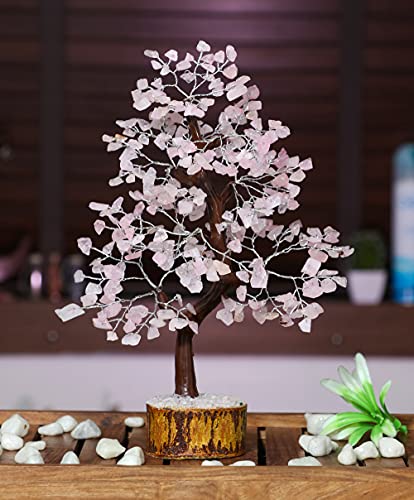 Rose Quartz Gemstone Tree Stone Tree Crystal Tree of Life Prosperity Stones Tree Money Bonsai Tree Feng Shui Tree Handmade Gift for Home Office Decorations Ornament Silver Wire 10-12 Inch