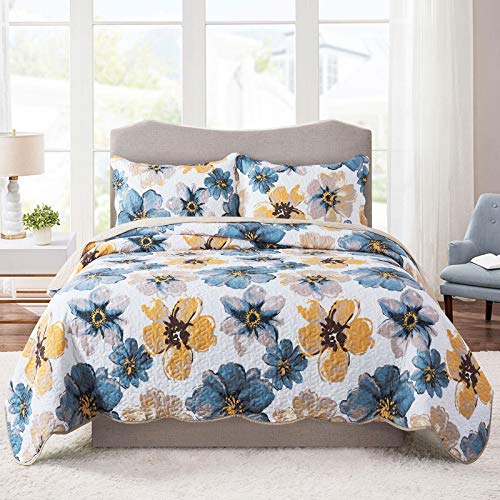 HoneiLife Quilt Set King Size - 3 Piece Microfiber Quilts Reversible Bedspreads Patchwork Coverlets Floral Bedding Set All Season Quilts- Splash-Ink Painting