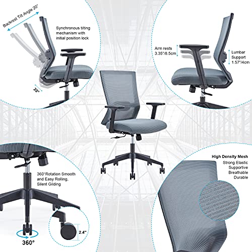 Farini Office Chair, Mid-Back Ergonomic Mesh Chair Executive Swivel Desk Chair with Lumbar Support Adjustable Height Arm (Grey)