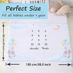 InnoBeta Baby Monthly Milestone Blanket, Flannel Plush Newborn Infant Photo Blanket, for Pictures Photography for Newborn Boys & Girls New Mom Gifts Twins Elephant (White, 39"x 59")