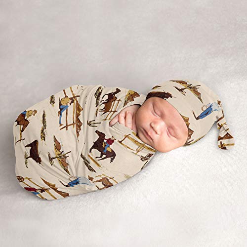 Sweet Jojo Designs Wild West Cowboy Baby Boy Cocoon and Beanie Hat 2pc Set Jersey Stretch Knit Sleeping Bag for Infant Newborn Nursery Sleep Wrap Sack - Red, Blue, Tan Western Southern Country Horse