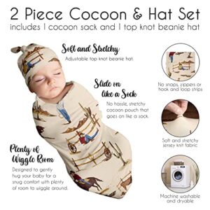 Sweet Jojo Designs Wild West Cowboy Baby Boy Cocoon and Beanie Hat 2pc Set Jersey Stretch Knit Sleeping Bag for Infant Newborn Nursery Sleep Wrap Sack - Red, Blue, Tan Western Southern Country Horse