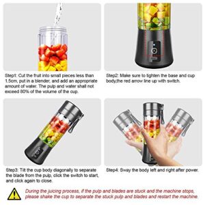 Portable Blender, YKSINX Smoothie Blender, Personal Mini Blender for Shakes and Smoothies, Six Blades in 3D, 13oz 2000mAh Powerful USB Rechargeable Home Travel Fruit Juicer Cup (Black)