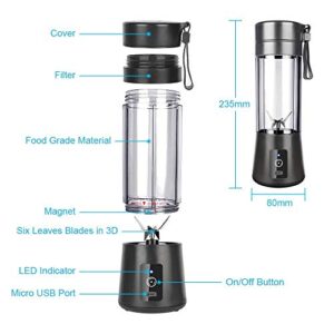 Portable Blender, YKSINX Smoothie Blender, Personal Mini Blender for Shakes and Smoothies, Six Blades in 3D, 13oz 2000mAh Powerful USB Rechargeable Home Travel Fruit Juicer Cup (Black)