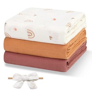 papablic muslin swaddle blankets, 3-pack soft silky swaddle blankets for boys and girls, bamboo & cotton receiving blanket with 1 hair bows, solid color/rainbows, large 47 x 47 inches