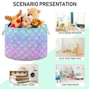 MNSRUU Storage Basket 20"x14" Pink Blue Mermaid Scales Collapsible Organizer Basket with Handles, Fabric Nursery Laundry Basket Large Capacity