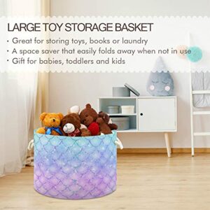 MNSRUU Storage Basket 20"x14" Pink Blue Mermaid Scales Collapsible Organizer Basket with Handles, Fabric Nursery Laundry Basket Large Capacity