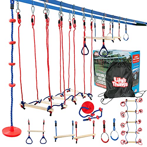 Ninja Slackline Obstacle Course for Kids - 80 Foot Line | Monkey Bars Playground Equipment | Ninja Warrior Course with Monkey Bars for Kids | (Rickety Bridge Edition) - Patented Double Line