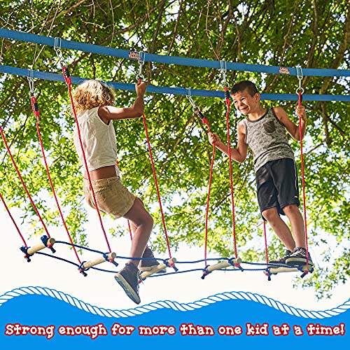 Ninja Slackline Obstacle Course for Kids - 80 Foot Line | Monkey Bars Playground Equipment | Ninja Warrior Course with Monkey Bars for Kids | (Rickety Bridge Edition) - Patented Double Line