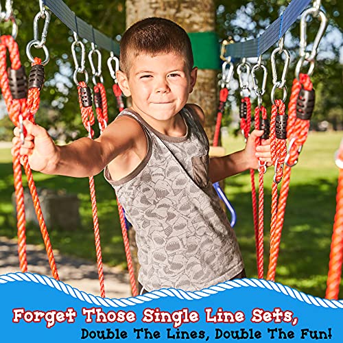 Ninja Slackline Obstacle Course for Kids - 80 Foot Line | Monkey Bars Playground Equipment | Ninja Warrior Course with Monkey Bars for Kids | (Rickety Bridge Edition) - Patented Double Line