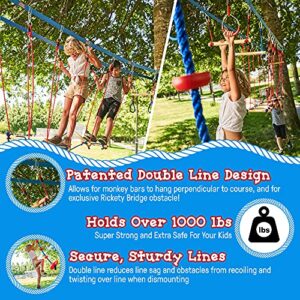 Ninja Slackline Obstacle Course for Kids - 80 Foot Line | Monkey Bars Playground Equipment | Ninja Warrior Course with Monkey Bars for Kids | (Rickety Bridge Edition) - Patented Double Line