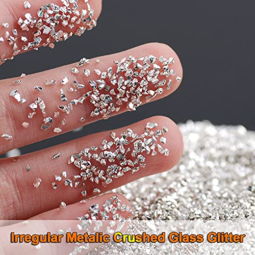 100g Silver Metallic Crushed Glass for Crafts, 2-4mm Irregular Glitter Chunky Gravel Gem Stones for Nail Arts, Resin Craft, Phone Case, DIY Vase Fillers, Epoxy Jewelry Making and Home Decoration