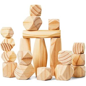 panda brothers wooden balancing stones - montessori toys for 3 4 5 year old kids and toddlers learning sensory toy, 20 large size wooden building blocks set of stacking stones for kids pine wood rocks